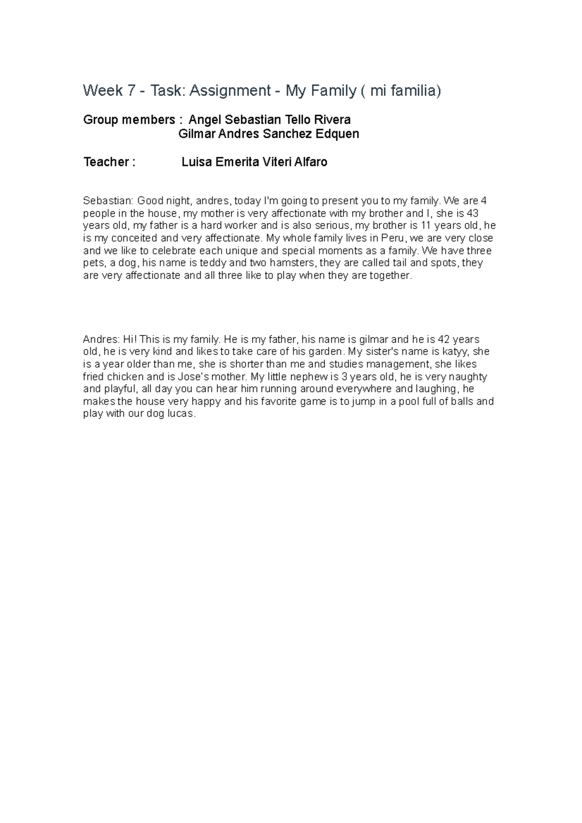 Week 7 - tarea grupal - Week 7 - Task: Assignment - My Family ( mi ...