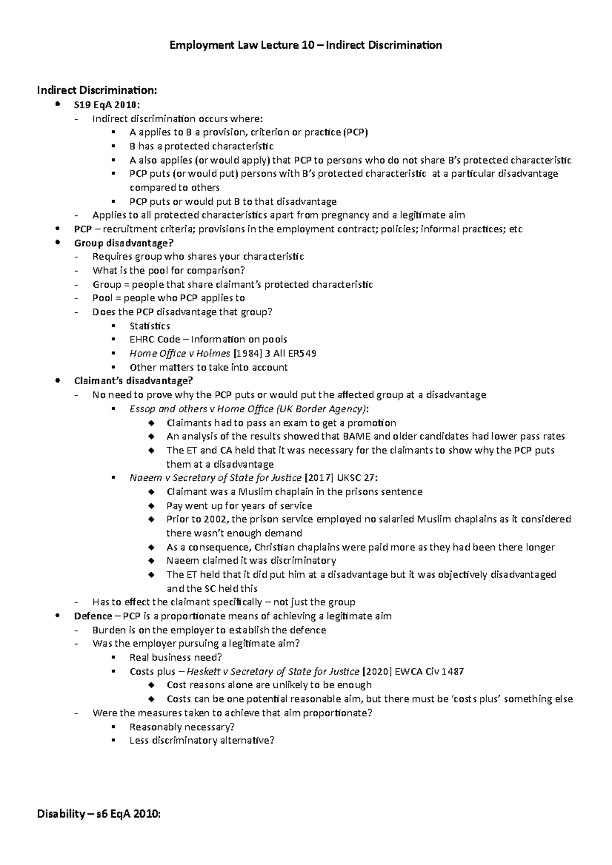 Lecture 10 - Indirect Discrimination - Employment Law Lecture 10 ...