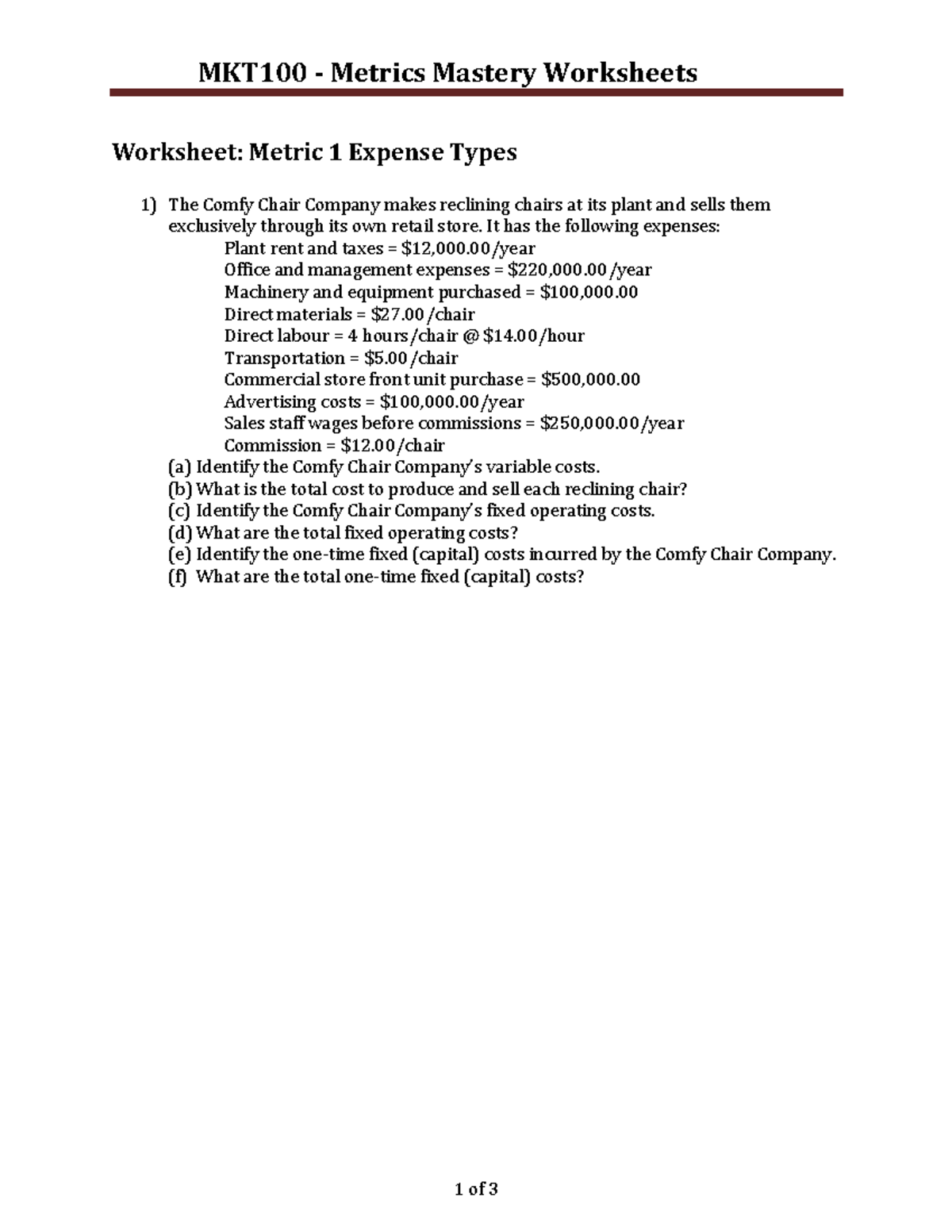 Metrics 1 Mastery Worksheets - Handout - MKT100 - Metrics Mastery ...