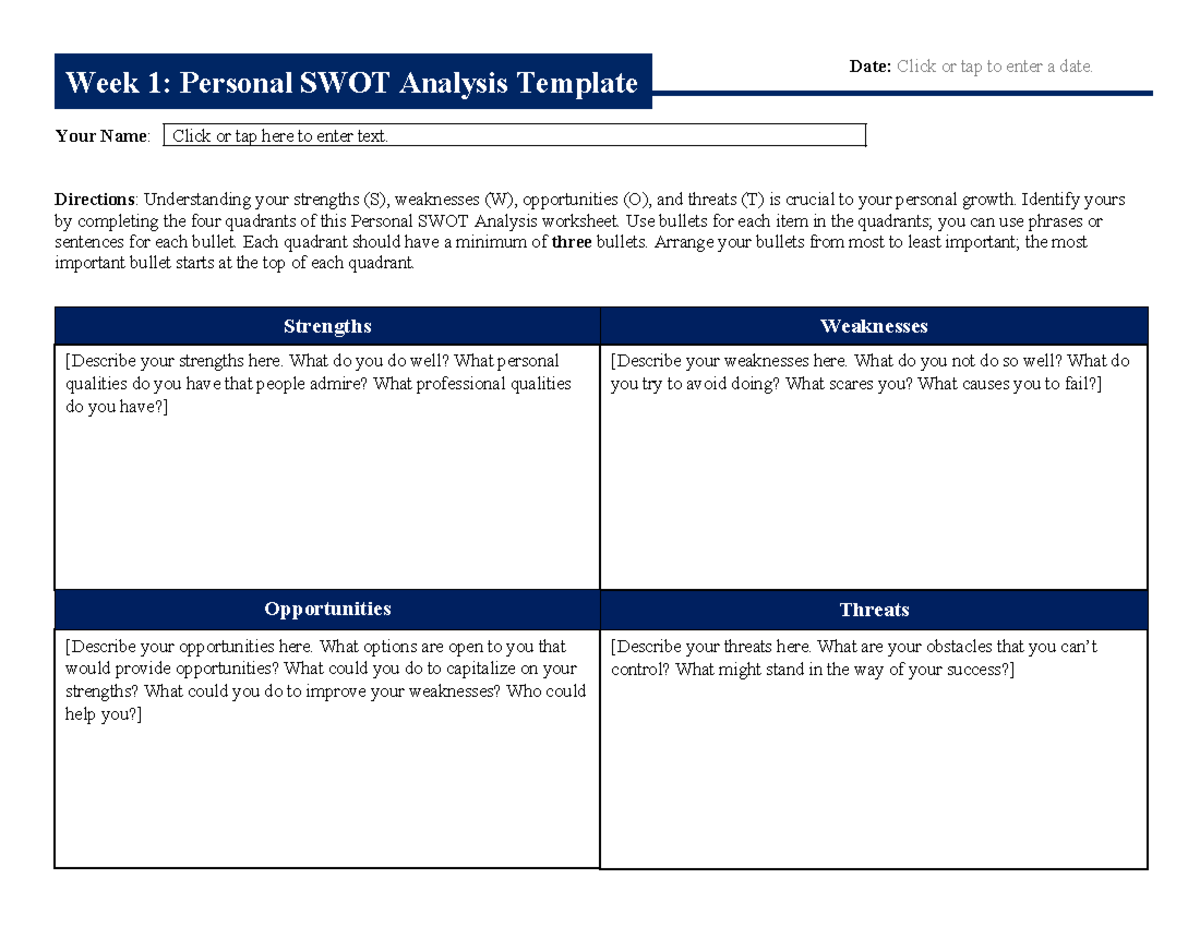 Week 1 Personal SWOT Analysis Template - Date: Click or tap to enter a ...