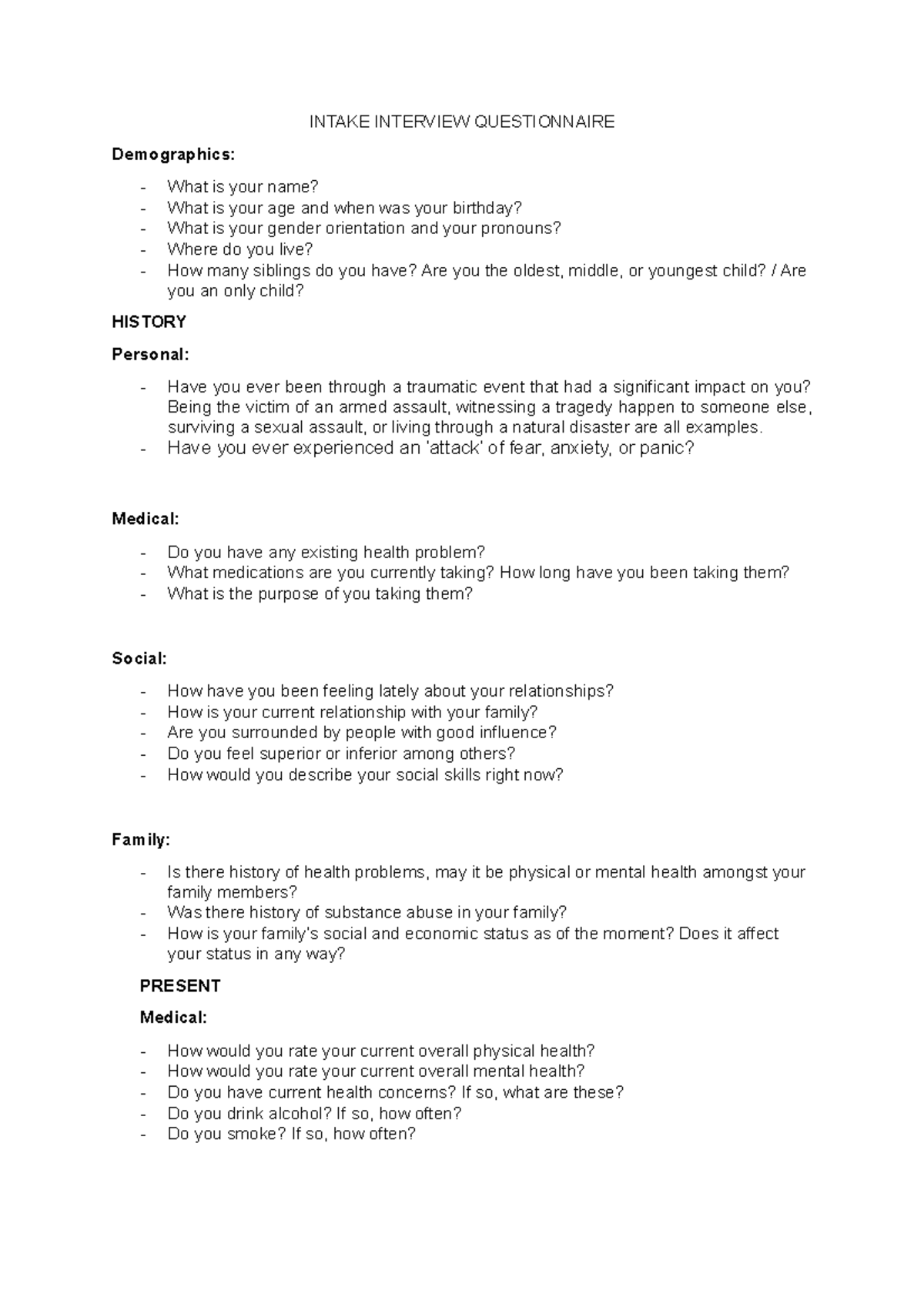 PSY 5 - lecture notes in psychology - INTAKE INTERVIEW QUESTIONNAIRE ...