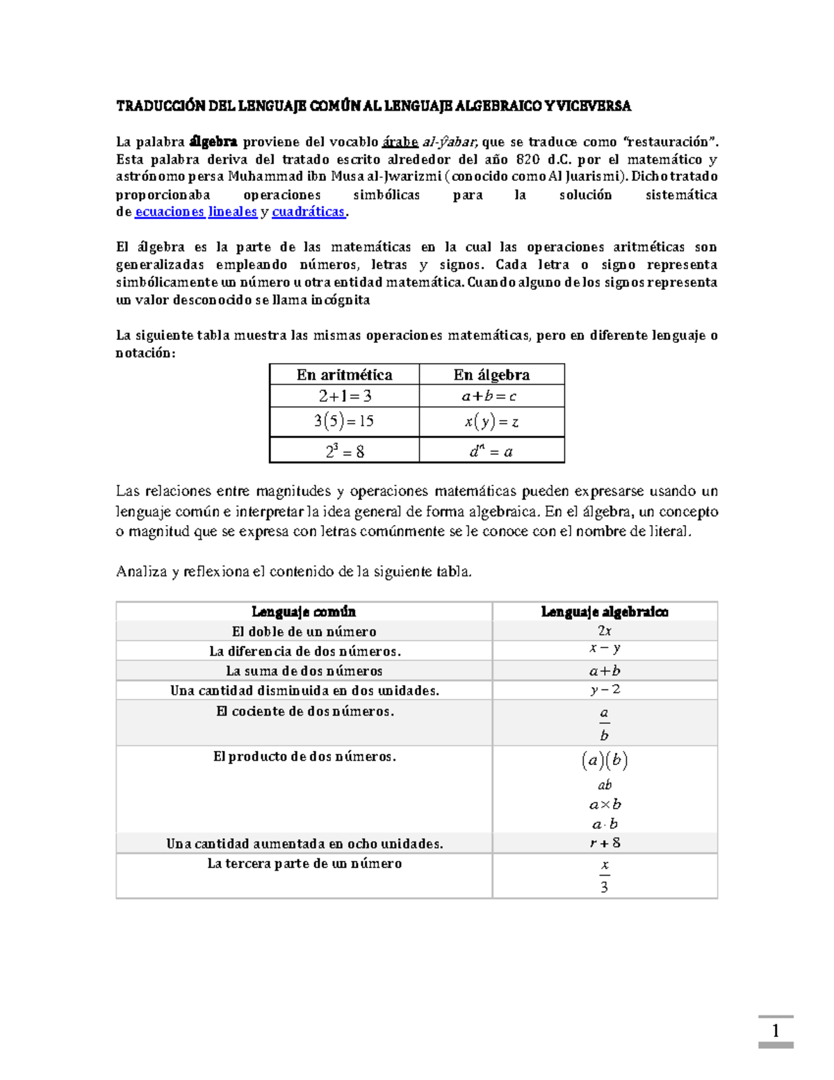Producto 4. Lenguaje Algebriaco - 1 TRADUCCI”N DEL LENGUAJE COM⁄N AL LENGUAJE ALGEBRAICO Y ...