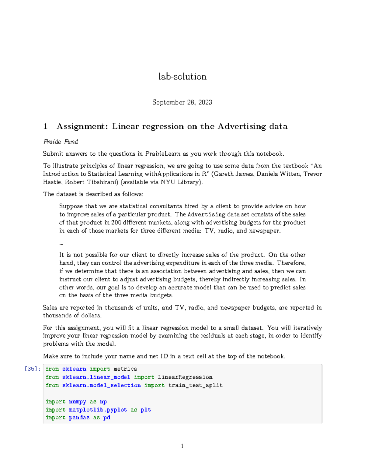 Lab-solution - lab-solution September 28, 2023 1 Assignment: Linear ...