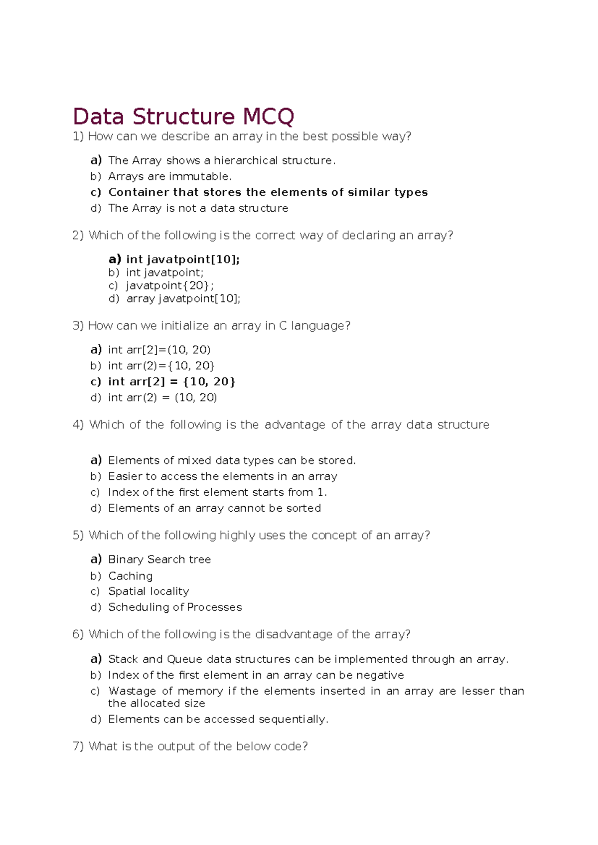 Data Strustures Mcq Sample With Answerkey Data Structure Mcq 1 How Can We Describe An Array