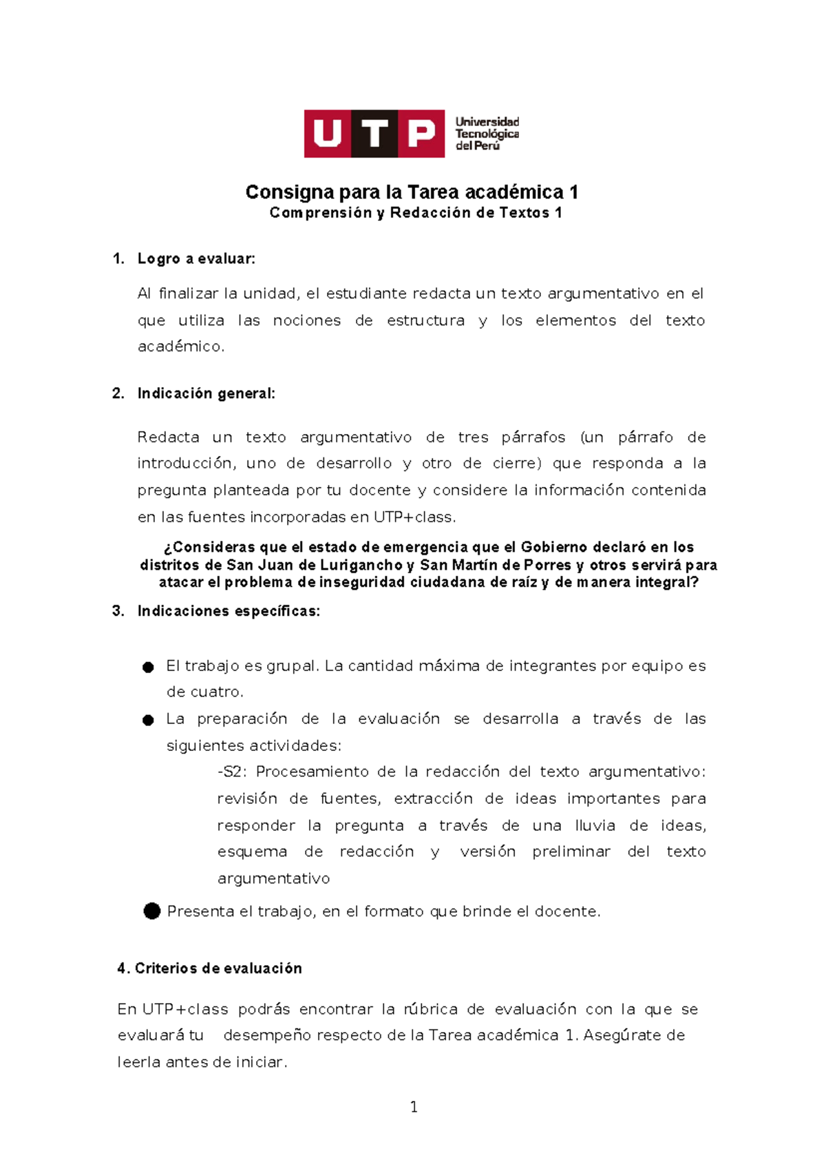 Trabajo de redacción - Consigna para la Tarea académica 1 Comprensión y Redacción de Textos 1 1 ...