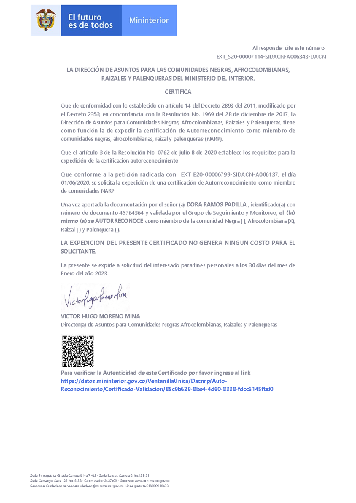 Certificado AFRO Doraida - Al responder cite este número EXT_S20‐00007114‐SIDACN‐A006343‐DACN LA ...