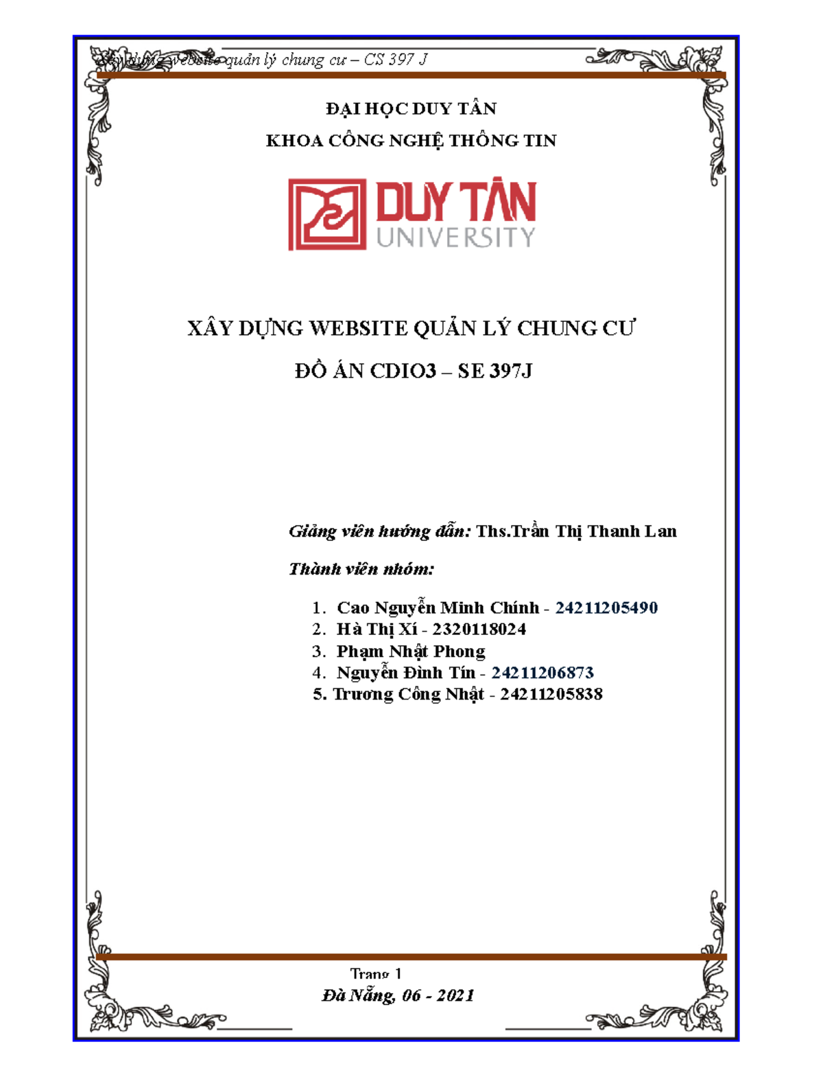 Vd ĐỒ Án NhÓm 123 ĐẠi HỌc Duy TÂn Khoa CÔng NghỆ ThÔng Tin XÂy DỰng Website QuẢn LÝ Chung CƯ