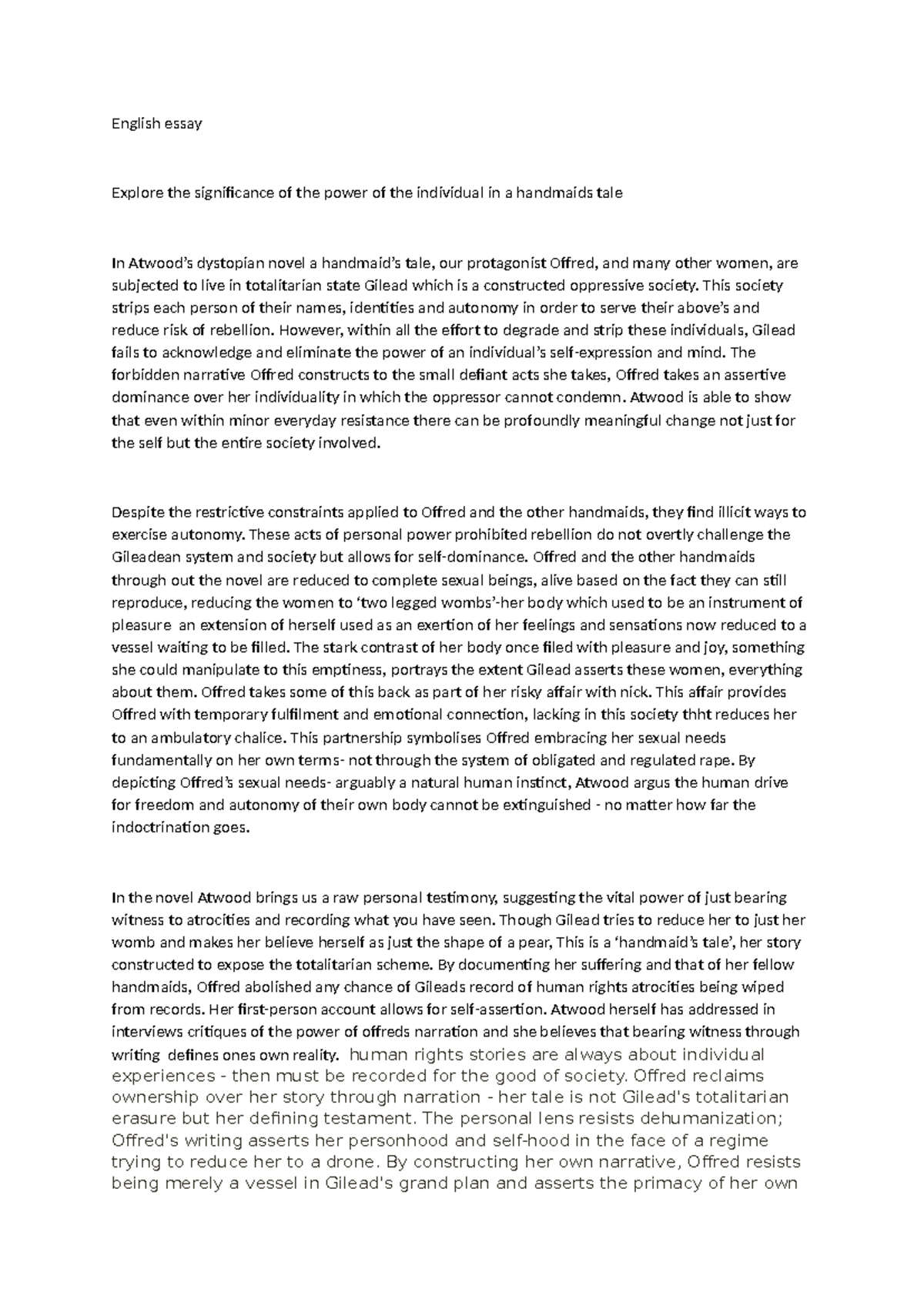 Inividual power in a handmaids tale - English essay Explore the ...
