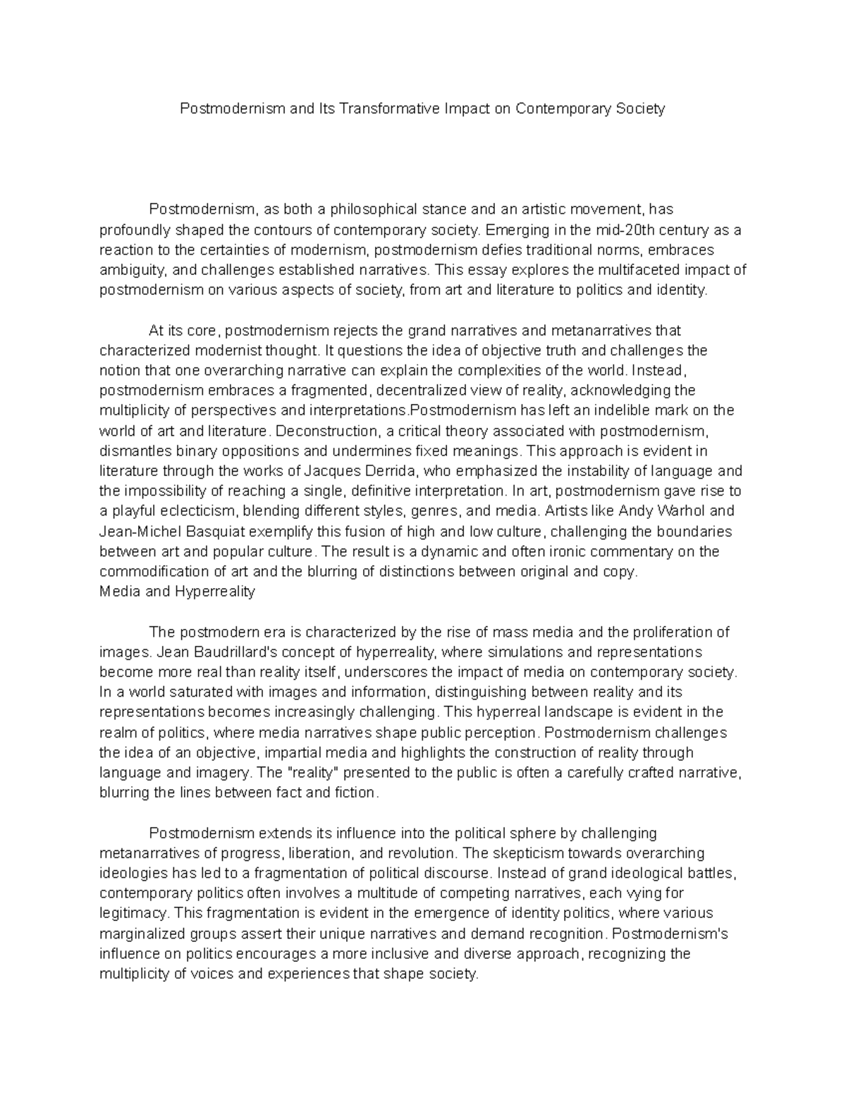 Postmodernism and Its Transformative Impact on Contemporary Society ...