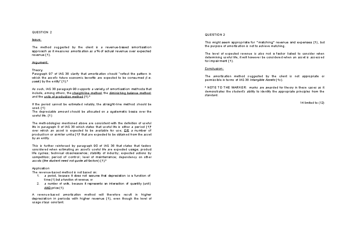 Question 2 - ias 38 - QUESTION 2 Issue: The method suggested by the ...