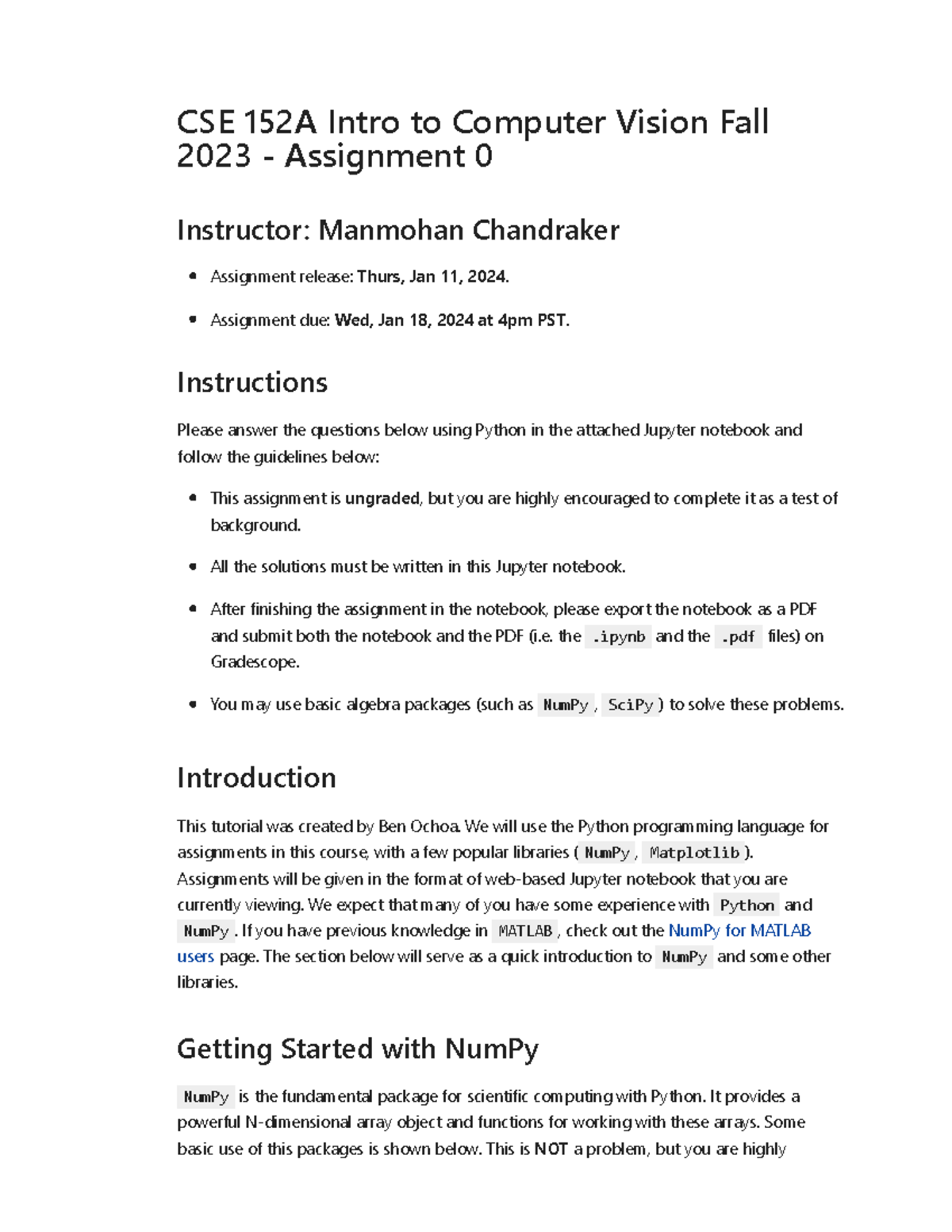 Hw0 - CSE 152A Intro to Computer Vision Fall 2023 - Assignment 0 Instructor: Manmohan Chandraker ...
