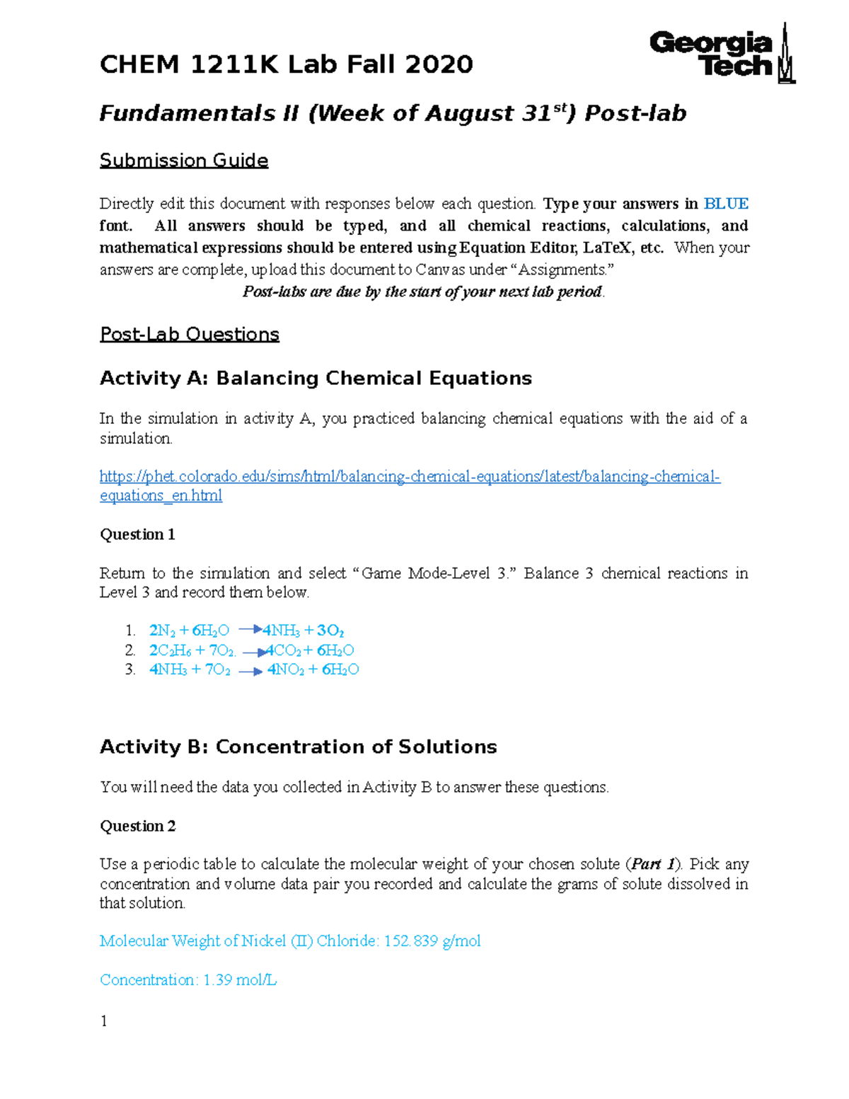 Fundamentals Part II Postlab - CHEM 1211K Lab Fall 2020 Fundamentals II ...