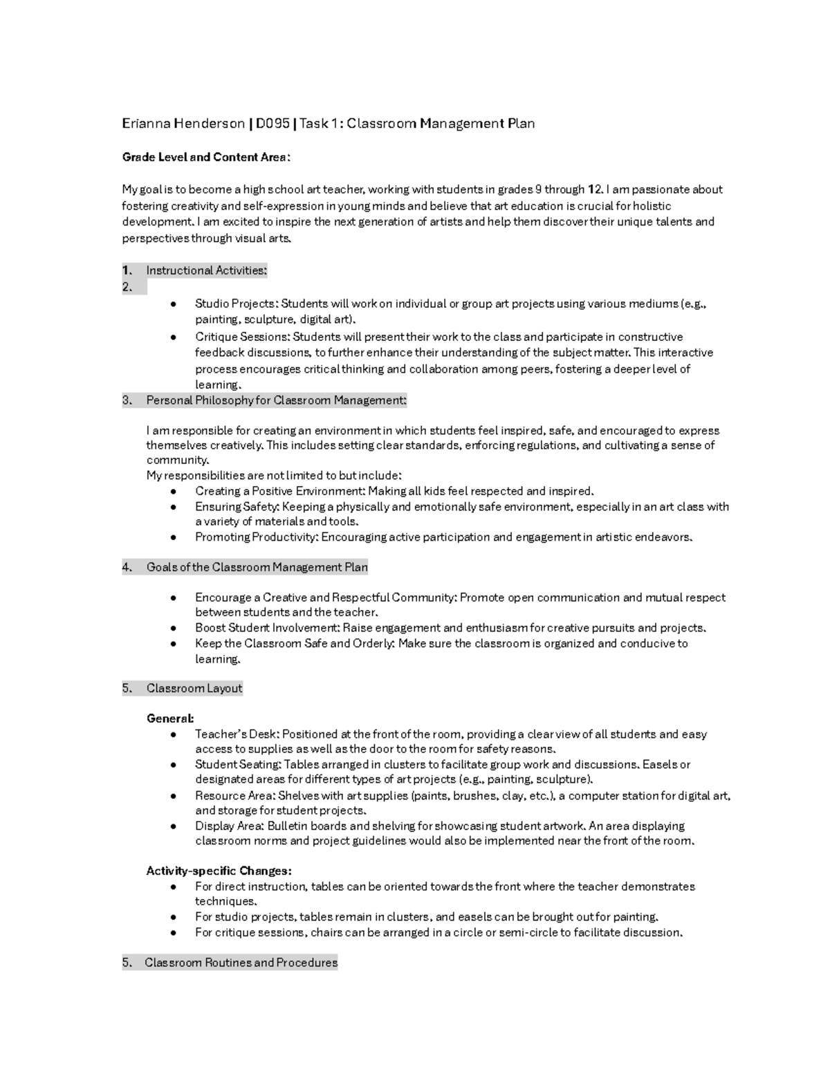 D095 Task 1 - Assesment - Erianna Henderson | D095 | Task 1: Classroom ...