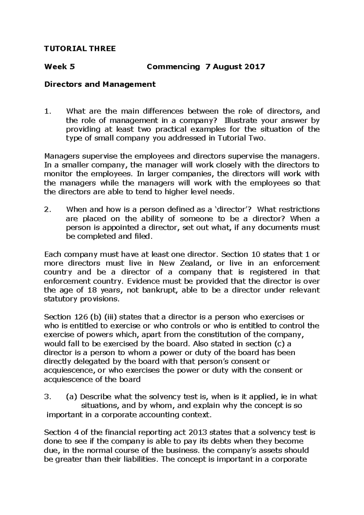 Tutorial Three - tutoril work - TUTORIAL THREE Week 5 Commencing 7 ...