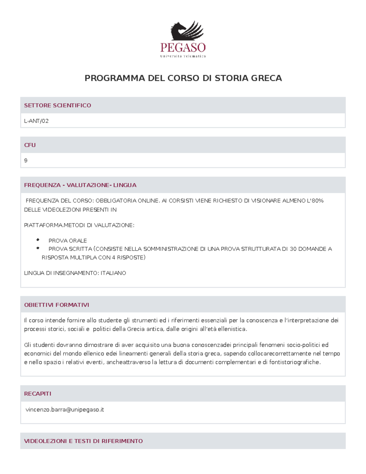 Programma-0901509 LANT02 - PROGRAMMA DEL CORSO DI STORIA GRECA SETTORE ...