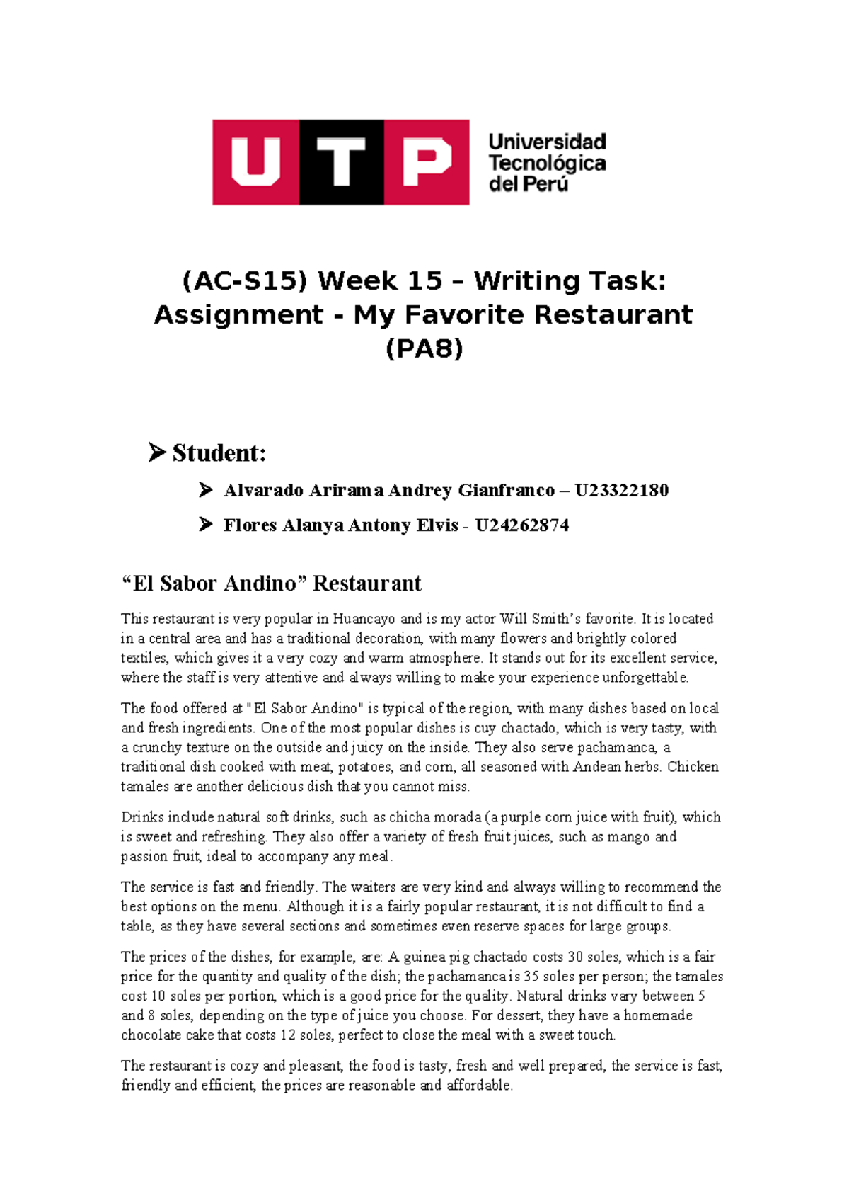 Week 15 Writing Task Assignment My Favorite Restaurant - (AC-S15) Week ...