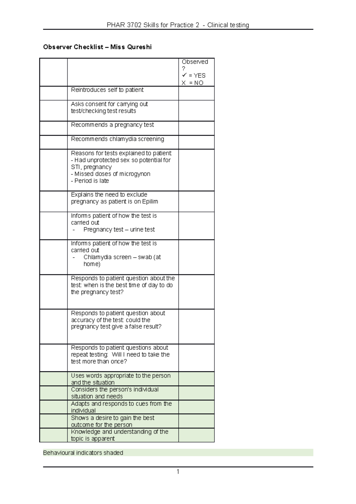 Miss Qureshi part II - Observer checklist - PHAR 3702 Skills for ...