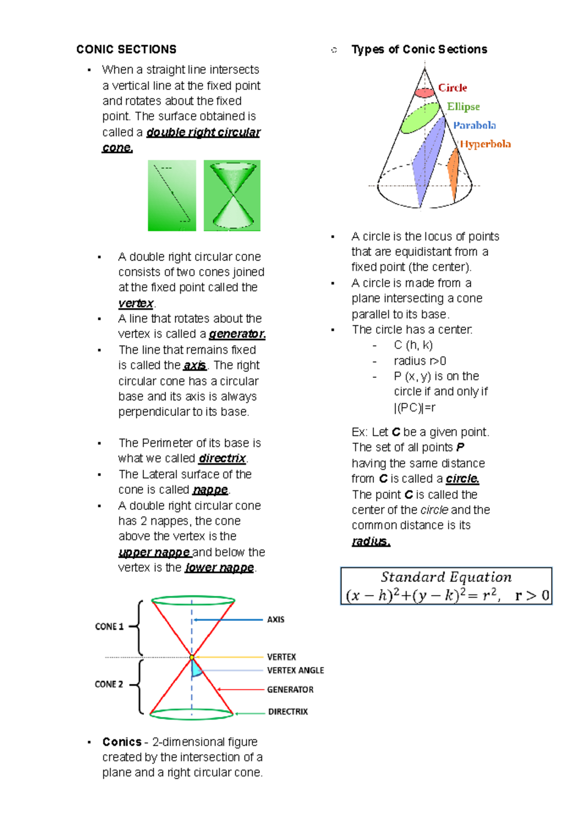 Q1L1 Precal - G11S Pre Calculus Notes - CONIC SECTIONS When a straight ...