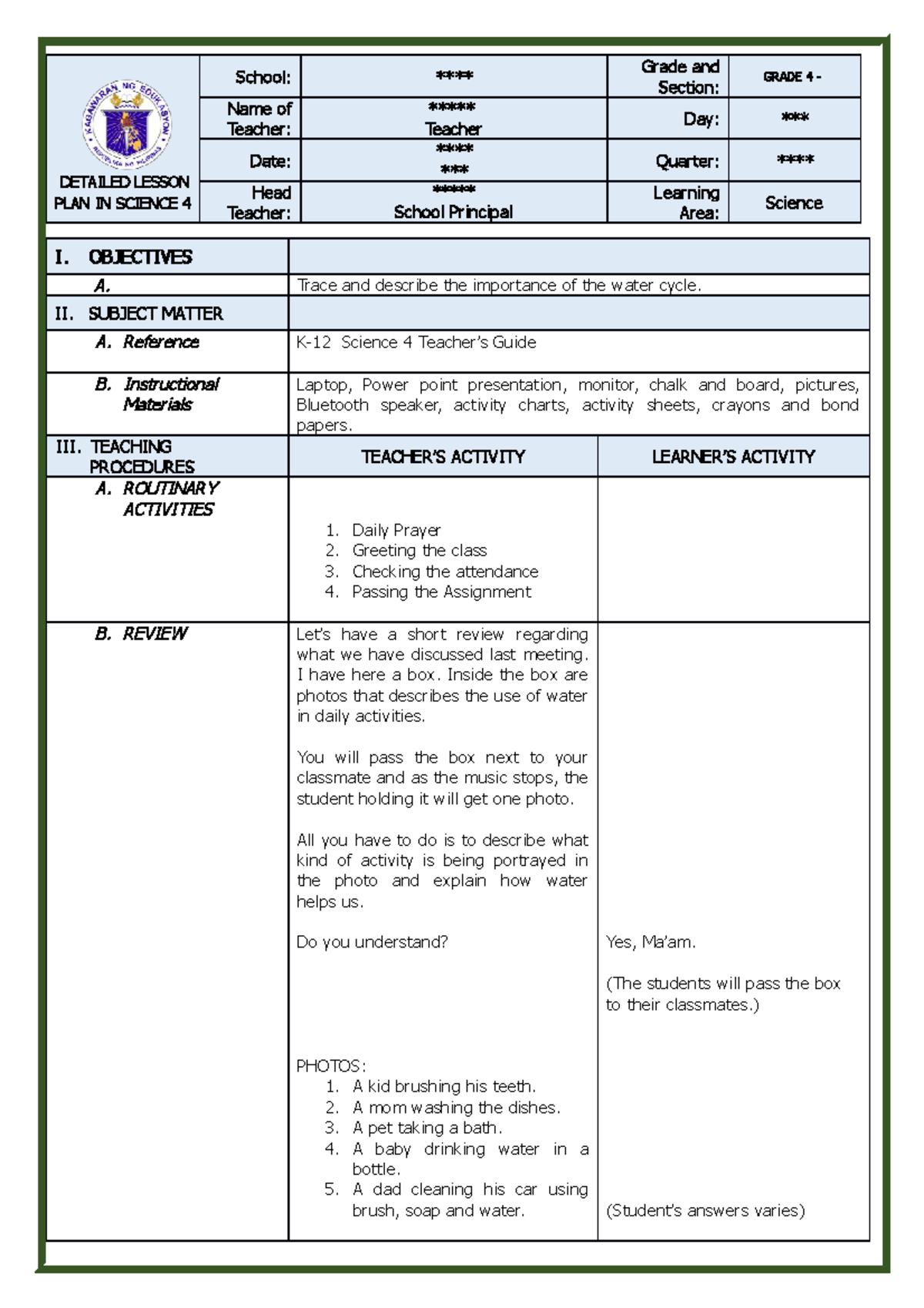 Water Cycle - Copy - Mr. Zack - DETAILED LESSON PLAN IN SCIENCE 4 ...