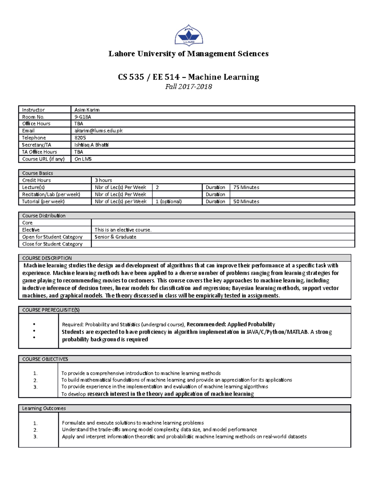 CS535 machine learning - Lahore University of Management Sciences CS ...