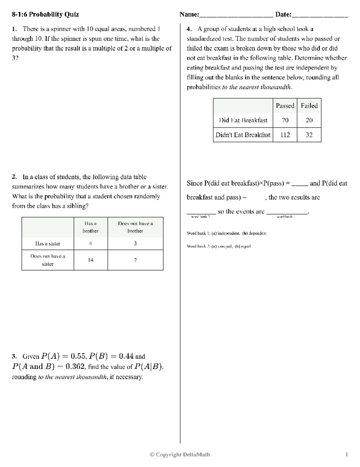 DM 8-1 6 Probability Quiz - 8-1:6 Probability Quiz Name ...