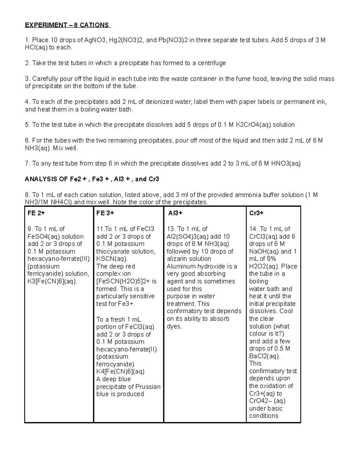 Cations - Summary for the LAB - EXPERIMENT – 8 CATIONS Place 10 drops ...
