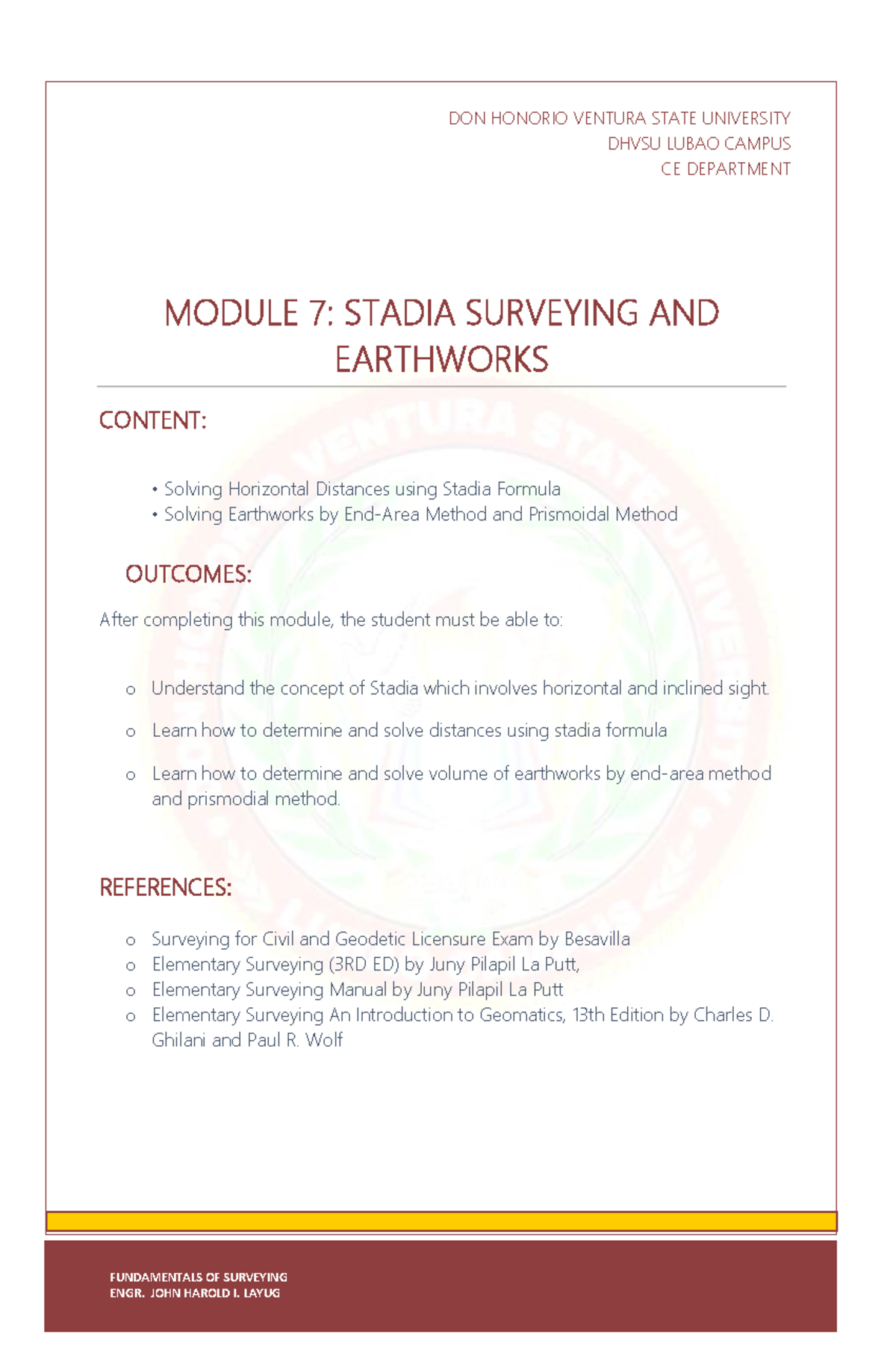Surveying-Module-7 - FUNDASURV - MODULE 7 : STADIA SURVEYING AND ...