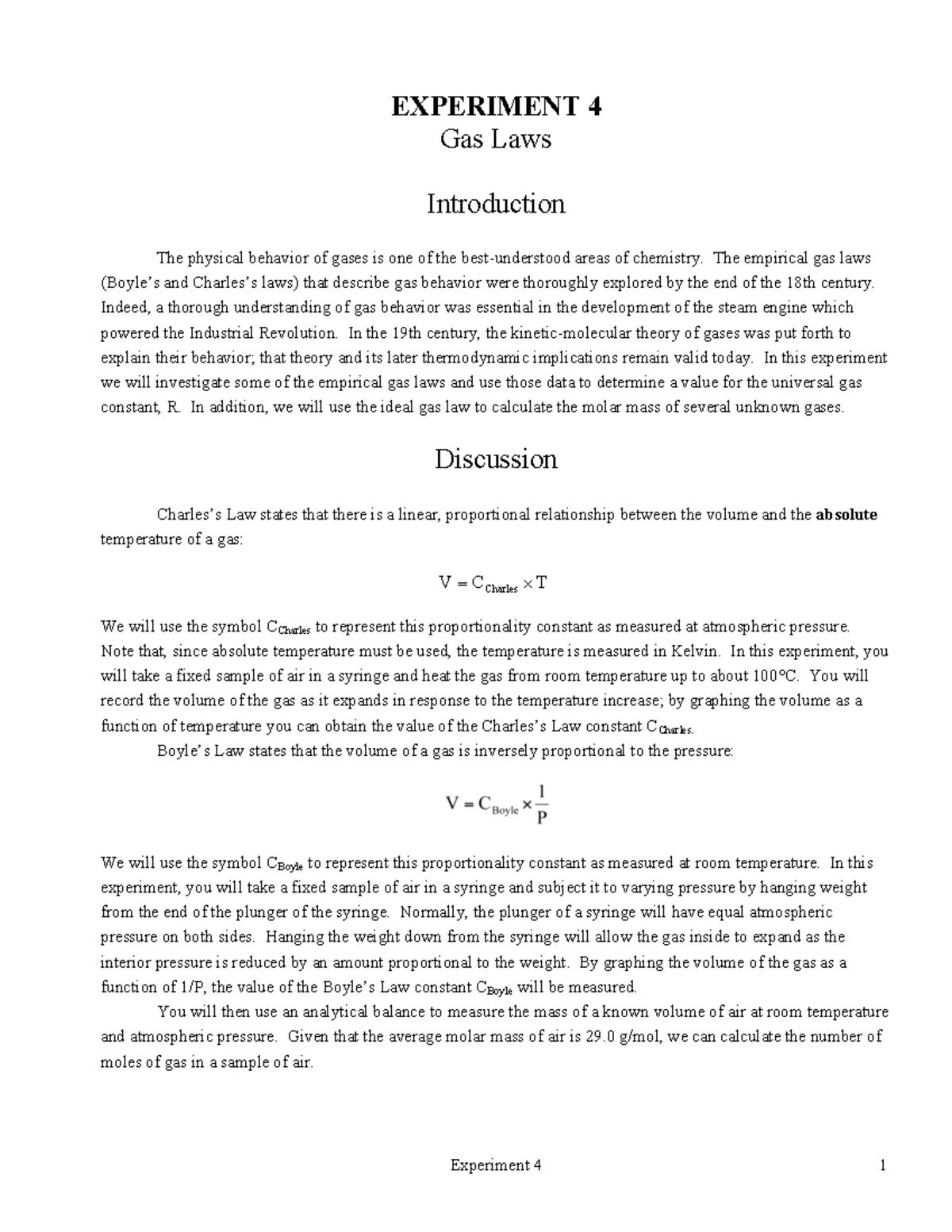 35ed80af6917850 bf4ae849faad85873 - EXPERIMENT 4 Gas Laws Introduction The physical behavior of ...
