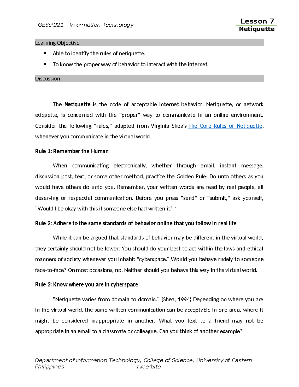 Lesson 7 - Netiquette - GESci221 – Information Technology Netiquette ...