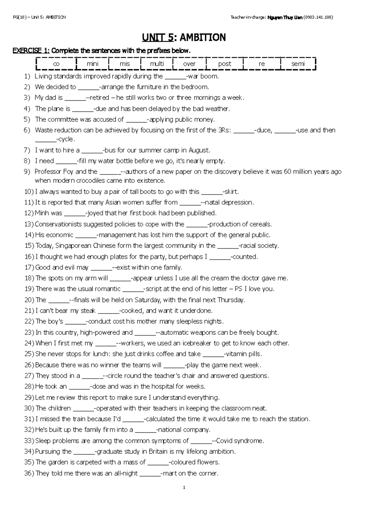 Unit 5 Ambition More exercises - UNIT 5 : AMBITION EXERCISE 1 : Complete the sentences with the ...