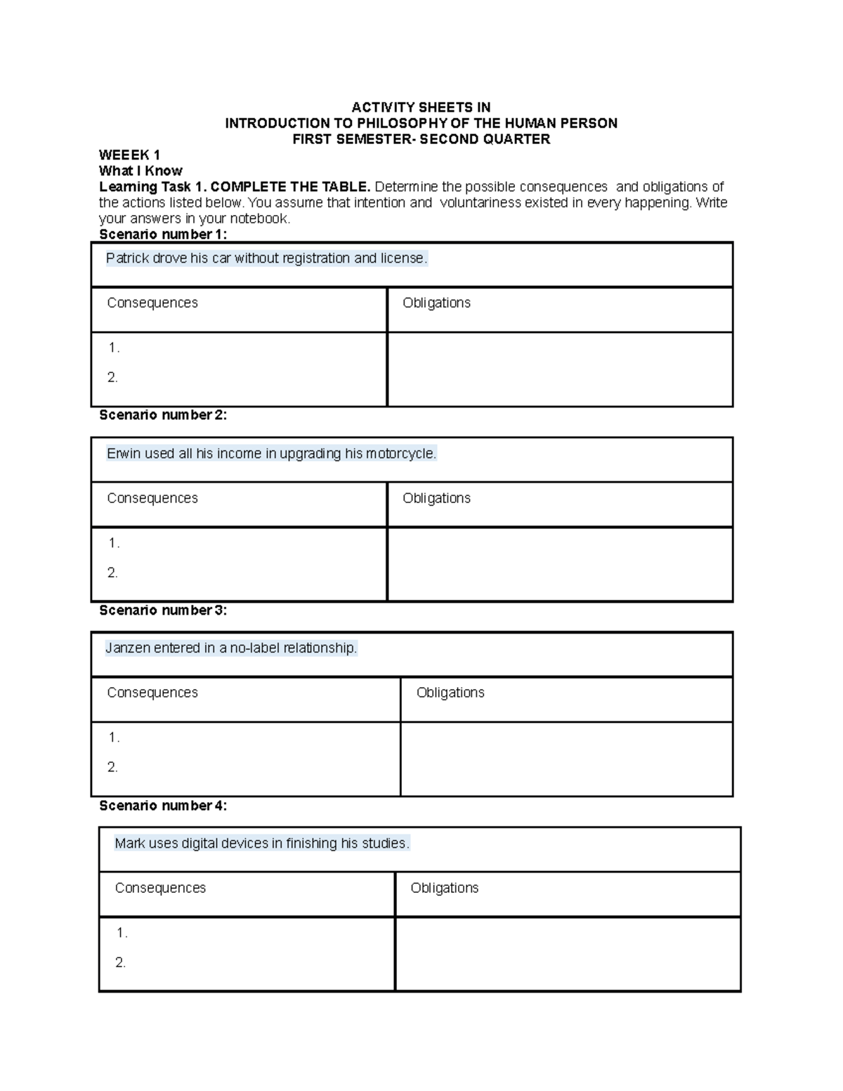 Learning Activity Sheets Philosophy week 1-5 - ACTIVITY SHEETS IN ...
