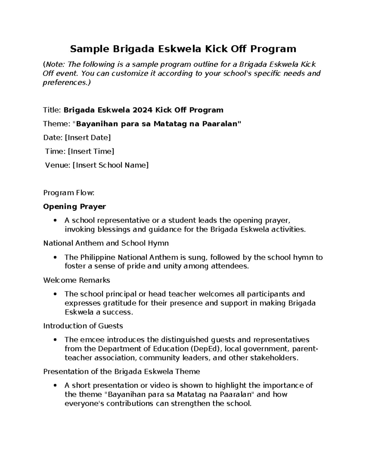 Classroom notes on Classroom Schedule - Sample Brigada Eskwela Kick Off ...