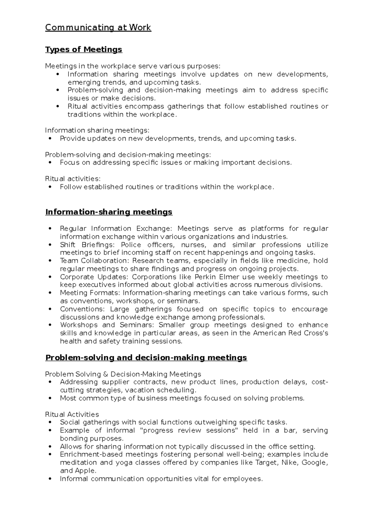 Types of Meetings - Types of Meetings Meetings in the workplace serve ...