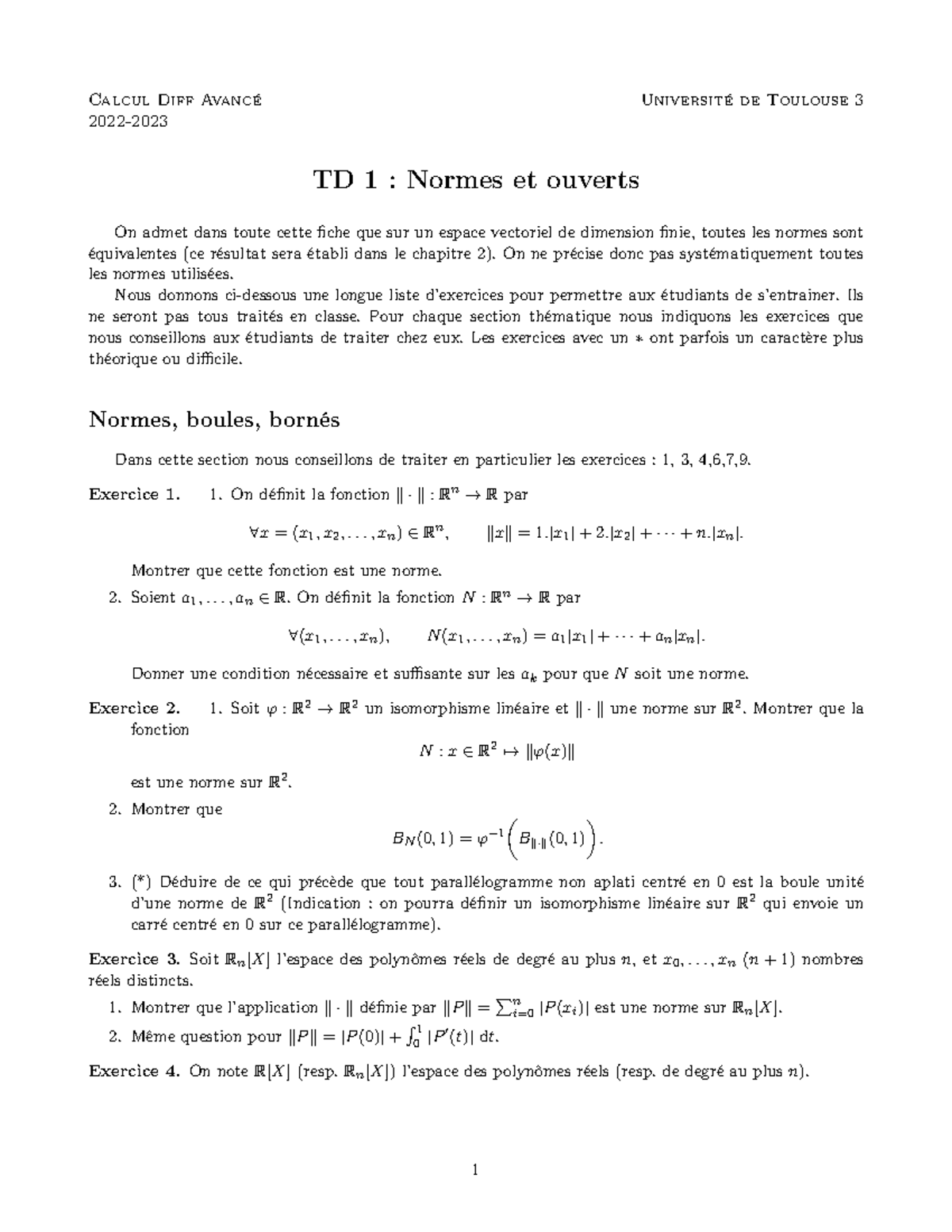 TD1-2022 - TD de Calcul différentiel - Calcul Diff Avancé Université de Toulouse 3 2022- TD 1 ...