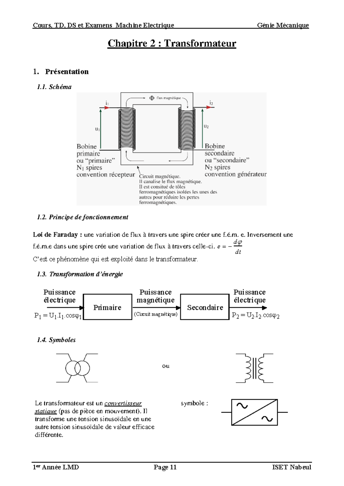 Chapitre 2 transformateur monophase - Chapitre 2 : Transformateur 1 ...