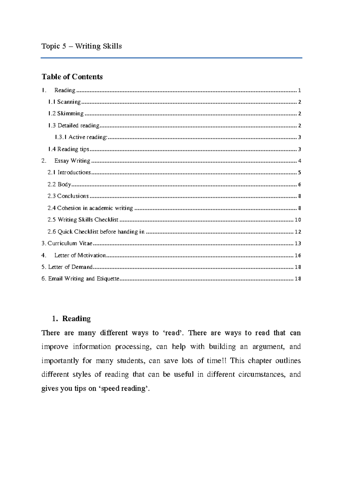 Topic 5 2020 - Topic 5 – Writing Skills Table of Contents Reading - Studocu