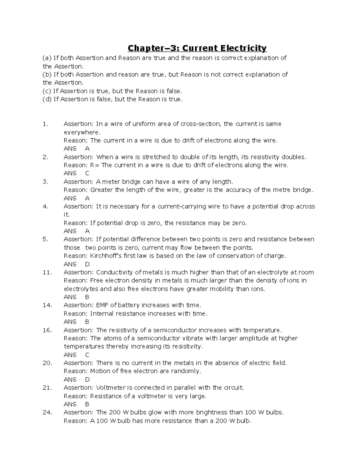 Current Electricity - VERY HELPFUL - Chapter–3: Current Electricity (a) If both Assertion and ...