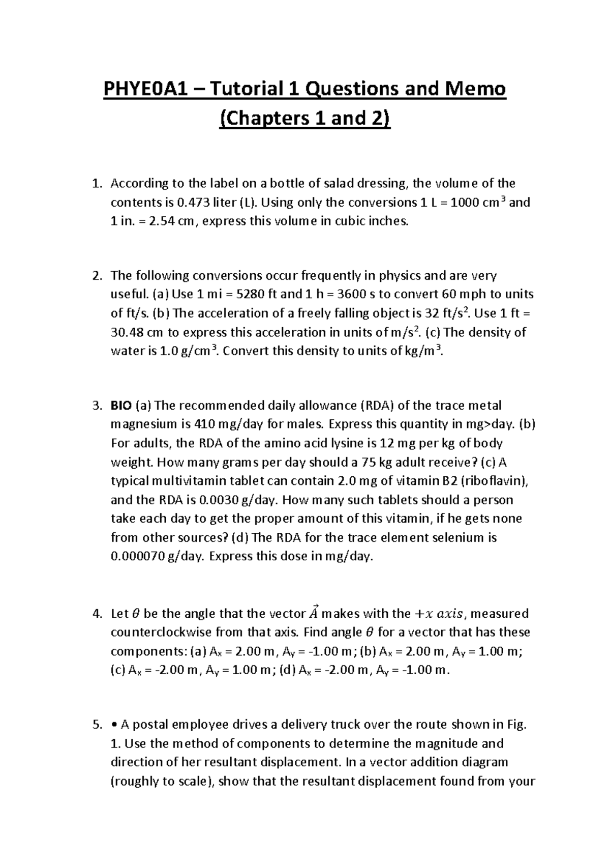 Tutorial 1 questions - PHYE0A 1 – Tutorial 1 Questions and Memo (Chapters 1 and 2) According to ...
