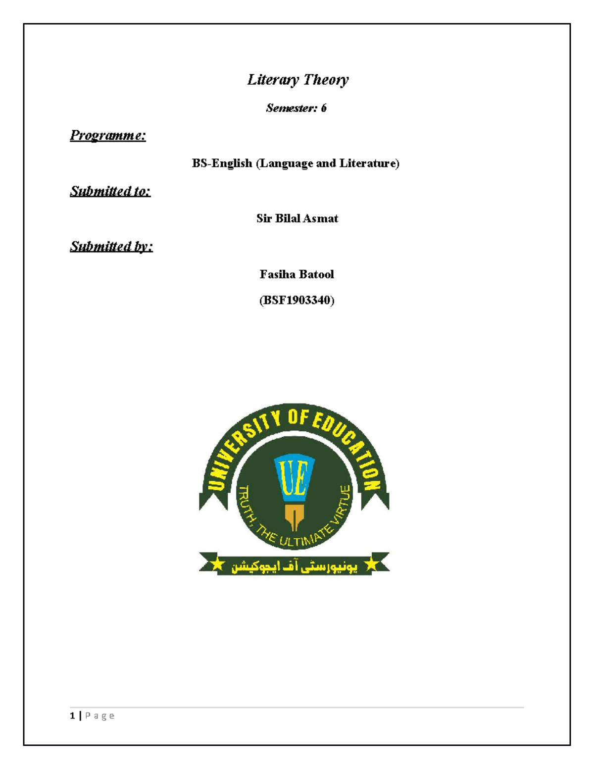 Post-Colonial Studies - Literary Theory Semester: 6 Programme: BS ...