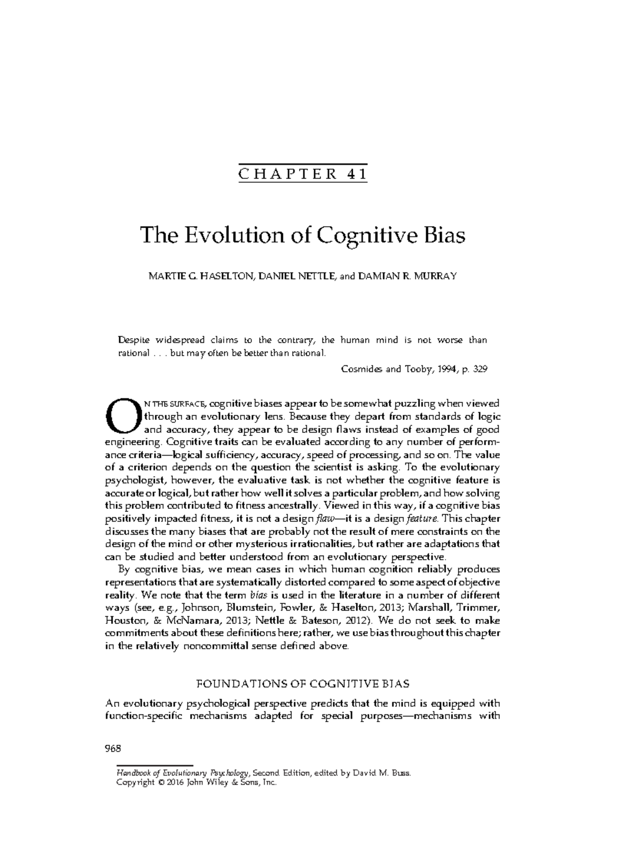 Evolution of cognitive bias - CHAPTER 41 The Evolution of Cognitive ...