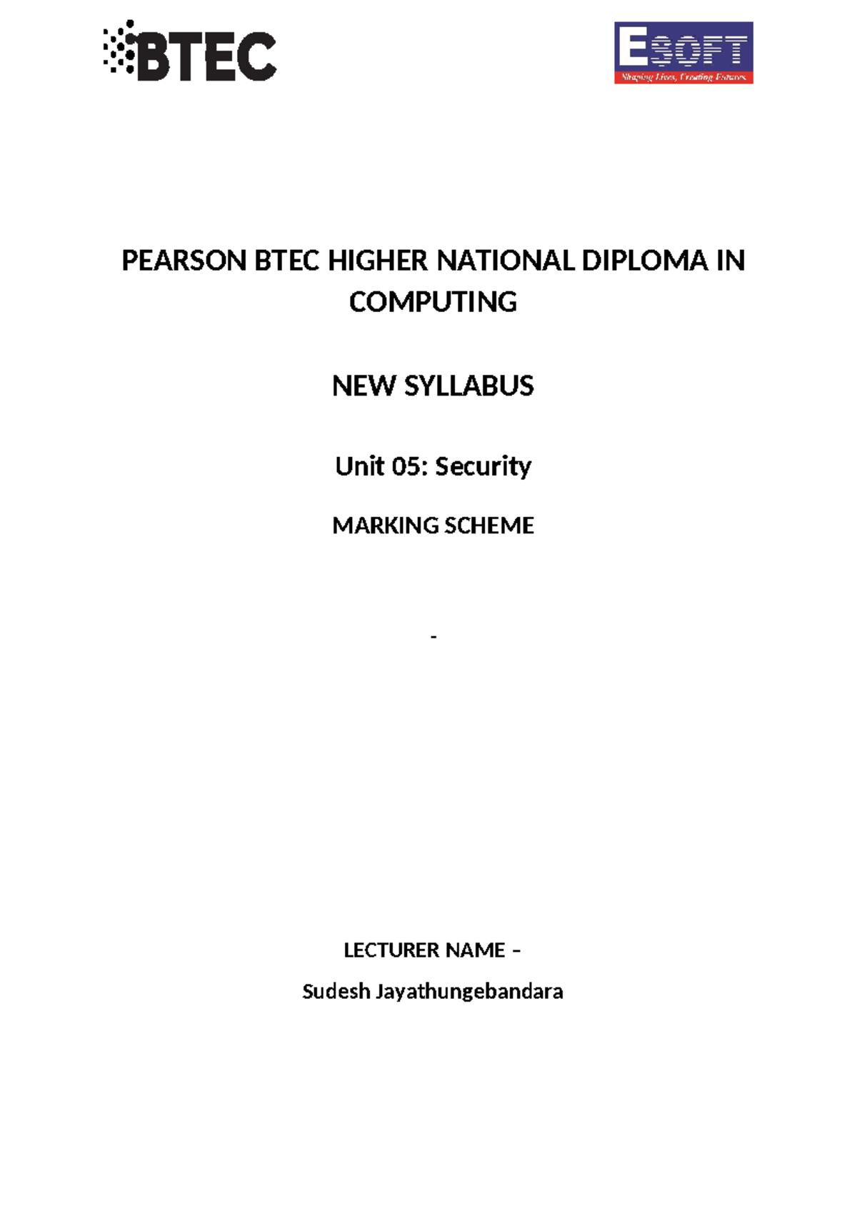 Unit -05 - Security - Marking Scheme (1) - PEARSON BTEC HIGHER NATIONAL DIPLOMA IN COMPUTING NEW ...