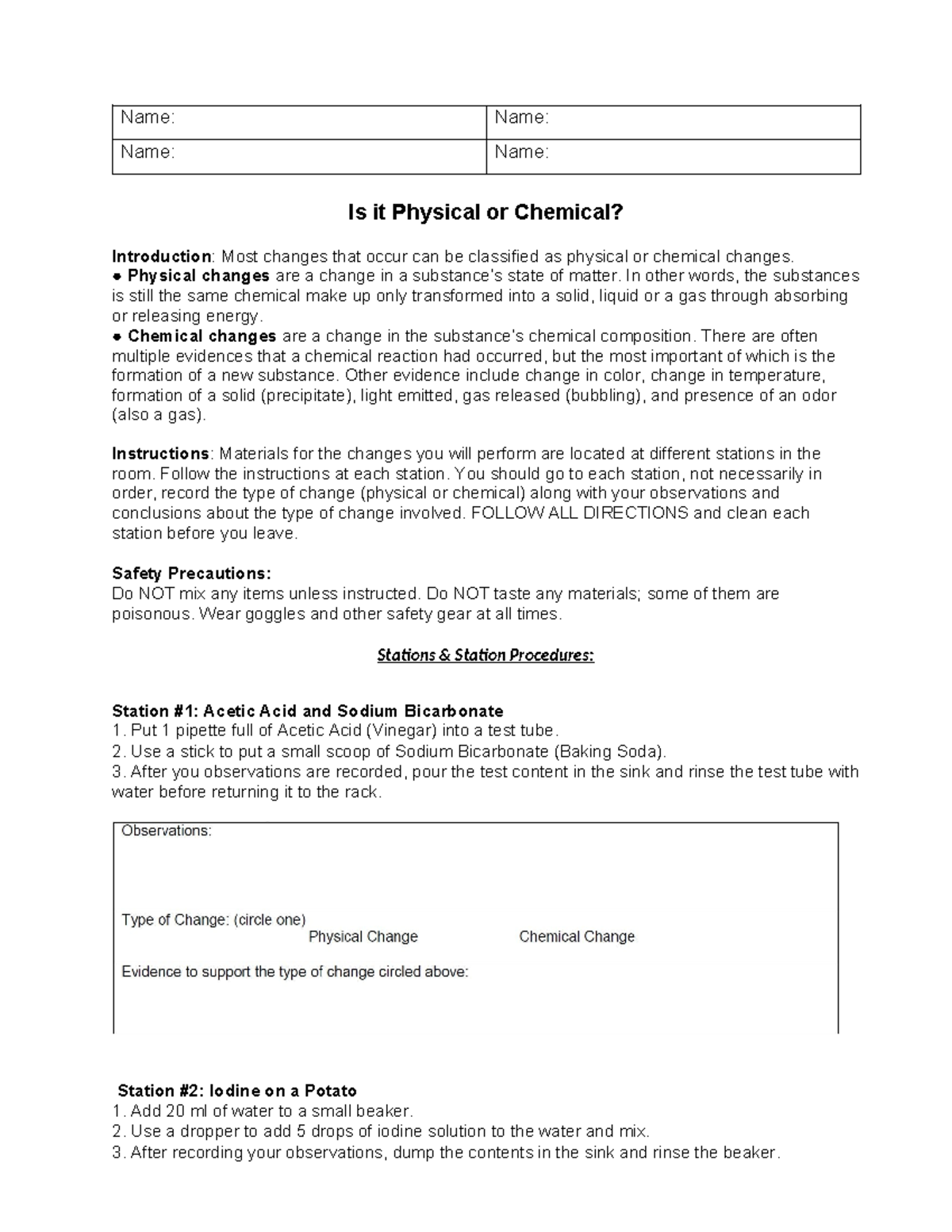 Physical and Chemical Changes Lab Stations - Name: Name: Name: Name: Is ...