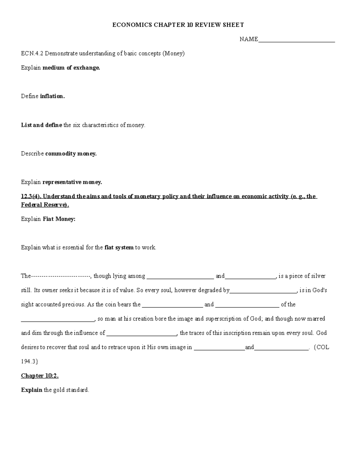 07 economics chapter 10 review sheet - ECONOMICS CHAPTER 10 REVIEW ...