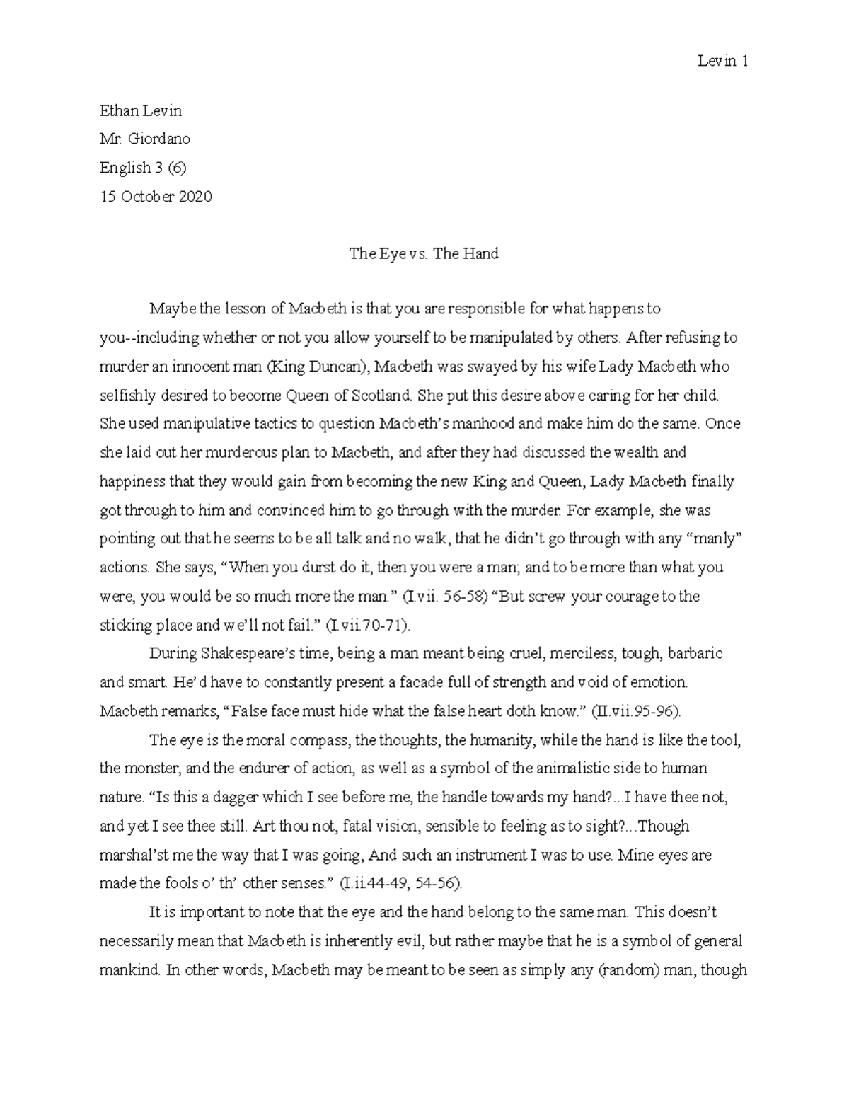 The Eye vs. The Hand - Exploratory Essay (Ethan Levin) - Levin 1 Ethan ...