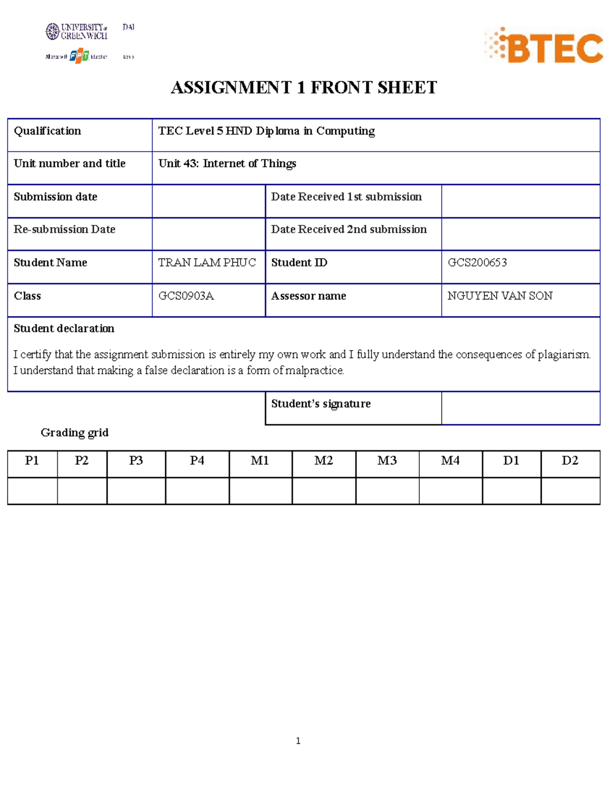 1 43-Io T.Assignment-1-frontsheet-2021 - ASSIGNMENT 1 FRONT SHEET Qualification TEC Level 5 HND ...