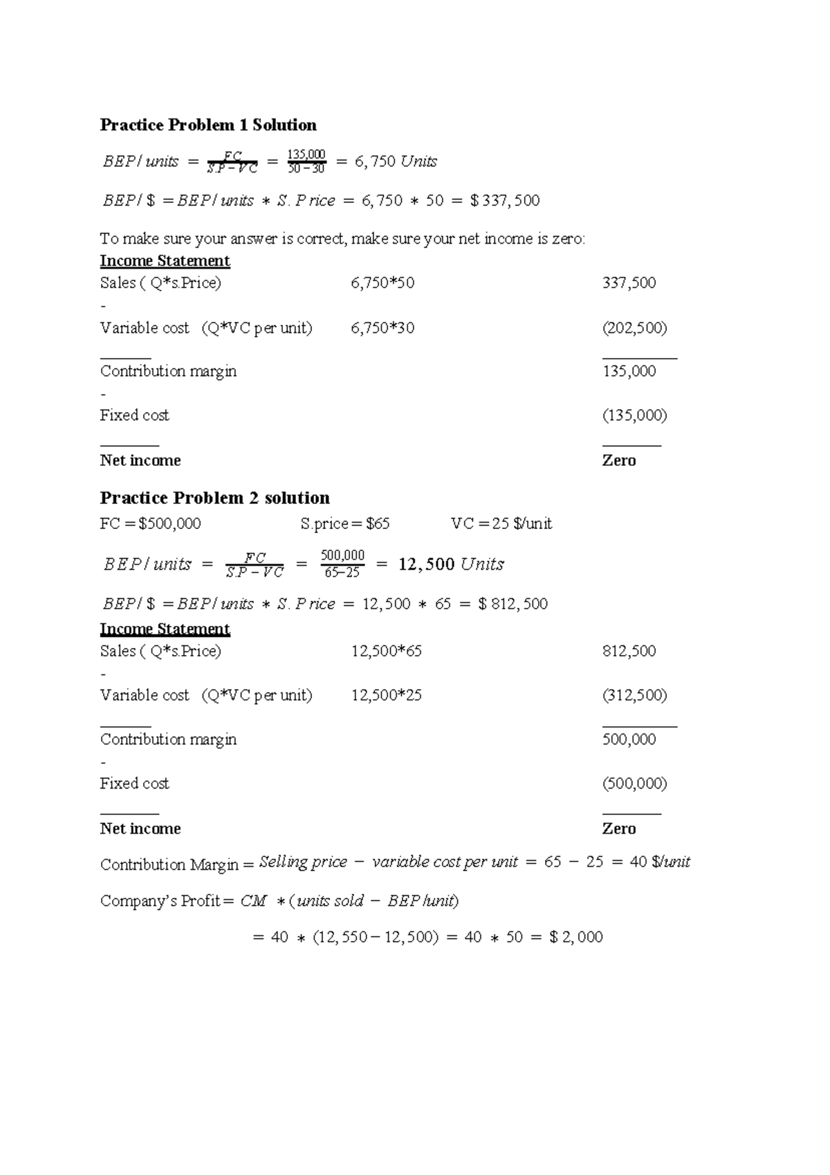 Managerial accounting Practice Problem Answers BEP, CM T. Profit ...