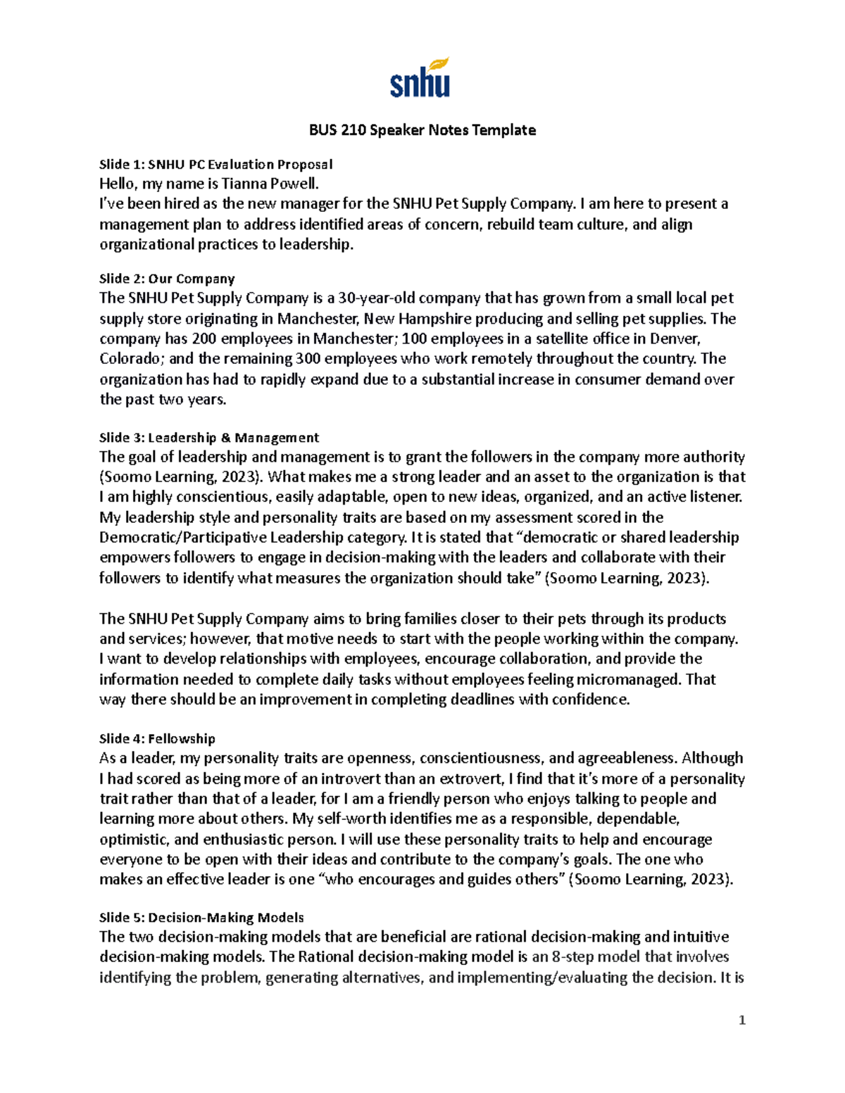 BUS 210 Speaker Notes - BUS 210 Speaker Notes Template Slide 1: SNHU PC ...