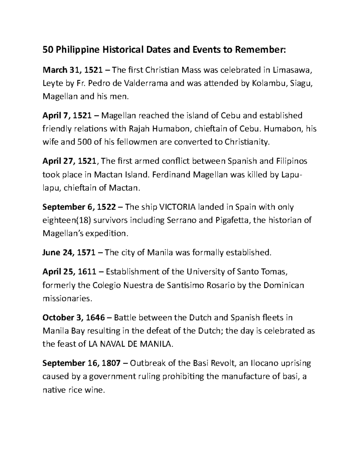 philippine history event and dated - 50 Philippine Historical Dates and ...