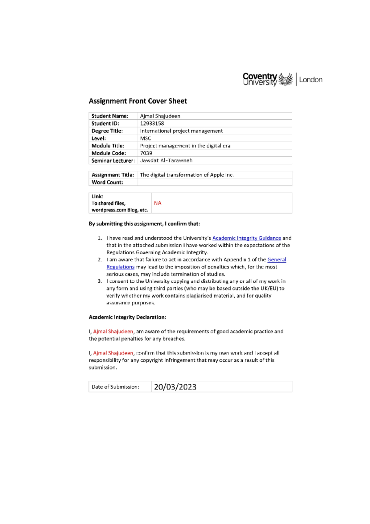 7039 final - Assignment based on Project management in the digital era ...
