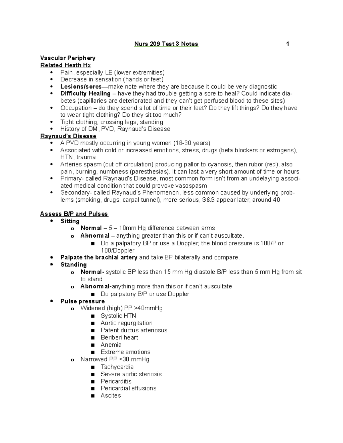 209 exam 3 notes (with 2) - Nurs 209 Test 3 Notes 1 Vascular Periphery ...